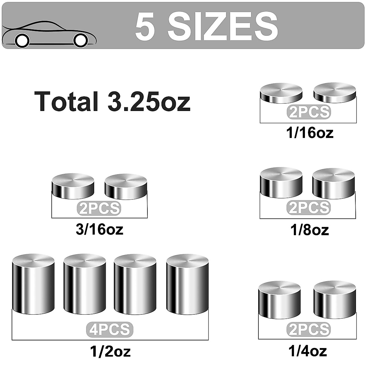 3.25oz. Weights Tungsten for Pinewood Derby Car, Incremental Cylinders Car Weights with 5 Different Sizes for Fastest Derby Car Speed