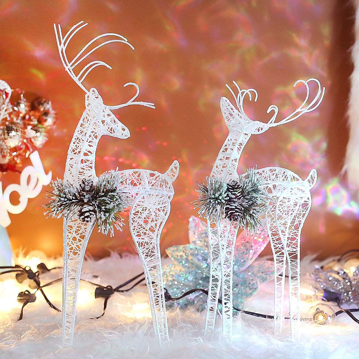 ZHANYIGY 2pc Set White Pinecone Rattan Thread String Christmas Reindeer Figurine Table Desk Decorations Glittering Xmas Holiday Party Supply