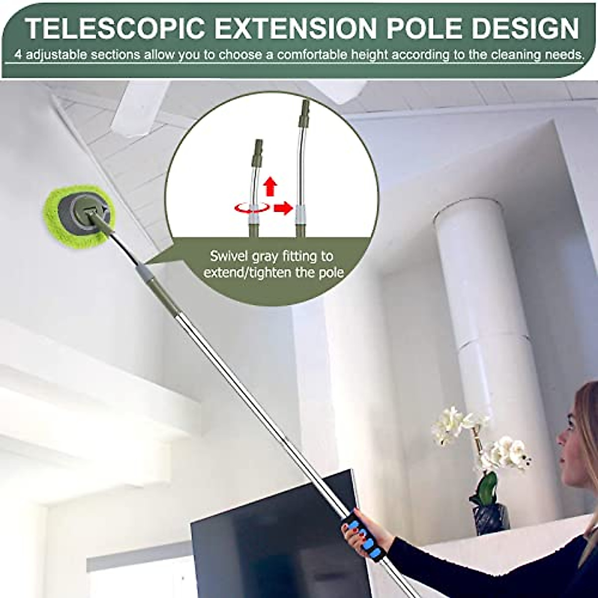 Wall Mop Wall Cleaner with 66” Long Handle, 15°Labor-Saving Elbow Baseboard Cleaner Tool, Microfiber Ceiling Dust Mop Duster Washer Cleaning Brush for Wall, Floor, Window