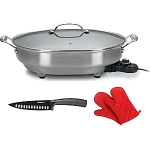 Cuisinart CSK-150 1500W Nonstick Electric Skillet Brushed Stainless Bundle with Cuisinart Classic Nonstick Edge 6 inch Chef's Knife Black and Deco Chef Pair of Red Heat Resistant Oven Mitt