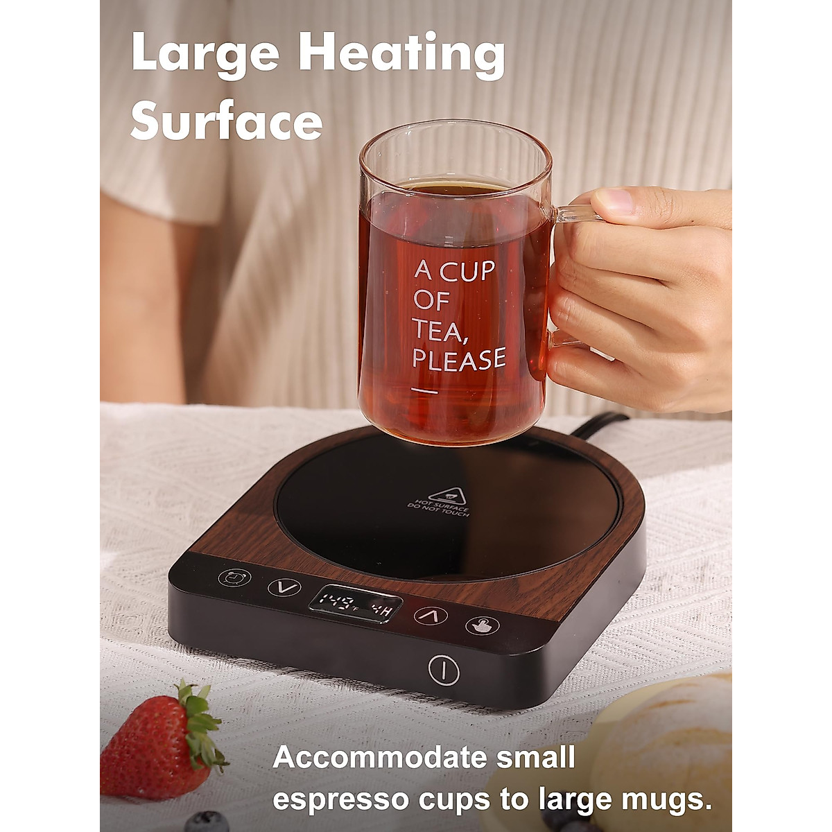 Rigstne Coffee Mug Warmer - 50W Mug Warmer for Desk, Coffee Cup Warmer Fast Heating, Candle Warmer Plate for Travel, Office and Home, 15 Temp Setting, Wood Grain