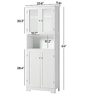 Tiptiper Tall Storage Cabinet with with Glass Doors & Adjustable Shelves, Large Linen Cabinet Closet for Bathroom, Kitchen, 11.8" D x 23.6" W x 64" H, White
