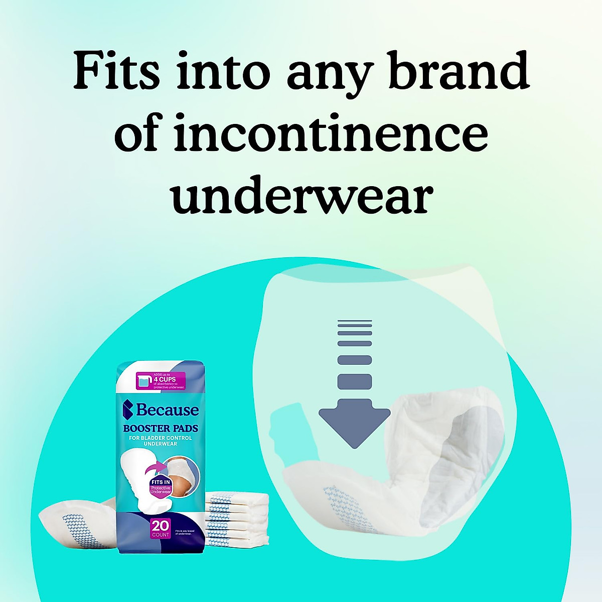 Because Premium Incontinence Booster Pads for Men and Women, Adds Extra Absorbency to Adult Diapers, Super Soft, Adhesive Strip Backing, Unisex, 20 Count