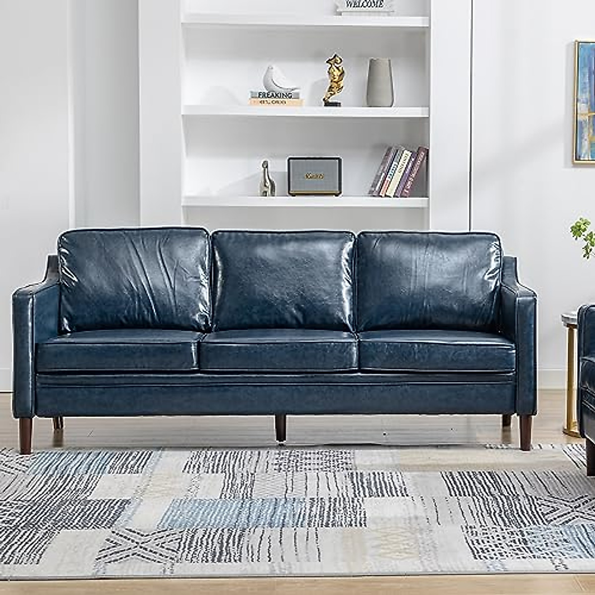 NATUREFOLLOW Sofas for Living Room, Mid Century Modern Couch with 3 Deep Seater, Size 79"x32"x33", Faux Leather, Comfy Couch for Living Room, Small Spaces, Apartment (Navy)
