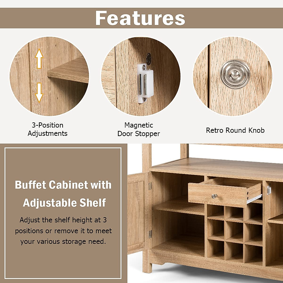 PETSITE Sideboard Buffet Cabinet with Storage, Wine Rack, Open Shelf, 2 Cabinets & Drawer, Wood Accent Coffee Bar Station Console Tables for Home Kitchen, Living Room, Entryway