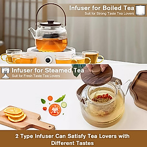 1000ml(33.8oz) Glass Teapot Kettle with 2 Type Removable Infuser and Wooden Lid, Borosilicate Glass Tea Pot Gas & Electric Stovetop Safe, Tea Maker for Loose Leaf & Blooming Tea, 2 Way for Boiling Tea
