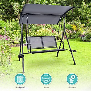 Backyard Expressions 2 Person Patio Swing with Grey Sling Fabric and Black Metal Frame - 450 lbs Weight Capacity