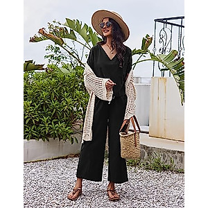 Ekouaer Womens Short Sleeve Top Wide Leg Pants Sleepwear Cotton Linen Loungewear Pajama Set, Black, Medium