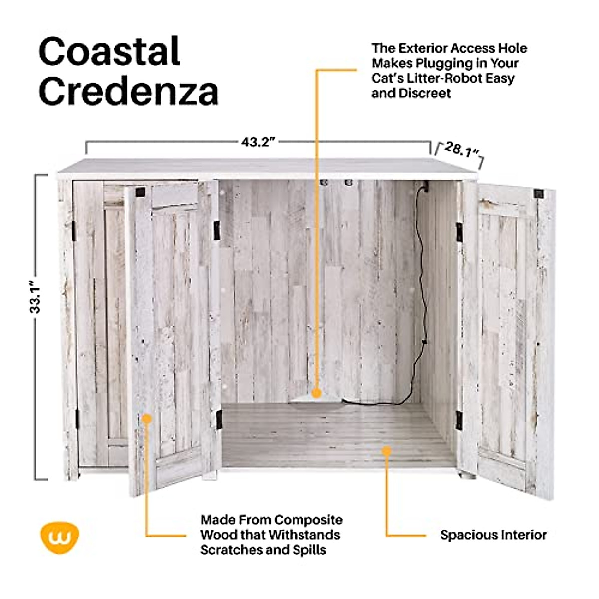 Whisker Litter-Robot Credenza with Litter Box Enclosure, 43.2” W x 28.1” D x 33.1” H - White Plank, Stylish + Durable Hidden Litter Box Furniture, Litter-Robot Not Included