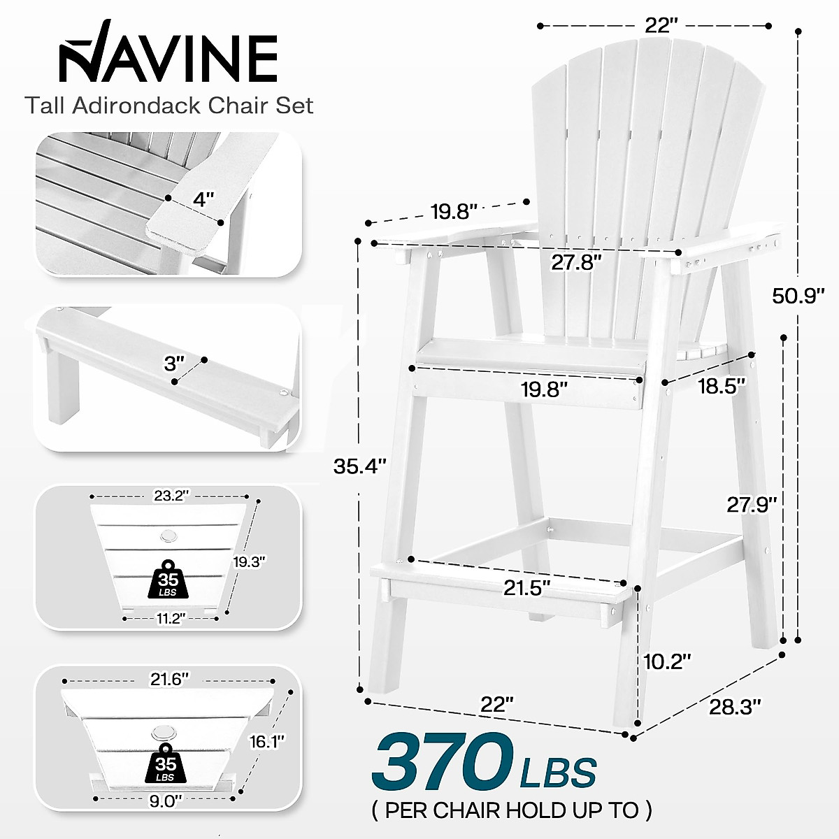 NAVINE Tall Adirondack Chairs Set of 2, HDPE Balcony Chair with Double Connecting Tray, Weather Resistant Outdoor Adirondack Bar Stools for Patio, Deck, Patio, Backyard, Balcony.(White)
