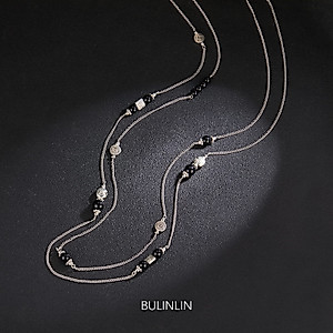 BULINLIN Layered Silver Long Necklace for Women Turquoise Stone Beaded Strand Sweater Chain Necklaces Fashion Costume Jewelry Gifts for Mom(Black)