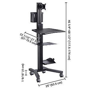 AW Rolling Computer Cart Adjustable Mobile PC Standing Workstation with Monitor Mount Keyboard Tray Printer CPU Holder Wheels for Shop Home Office Black