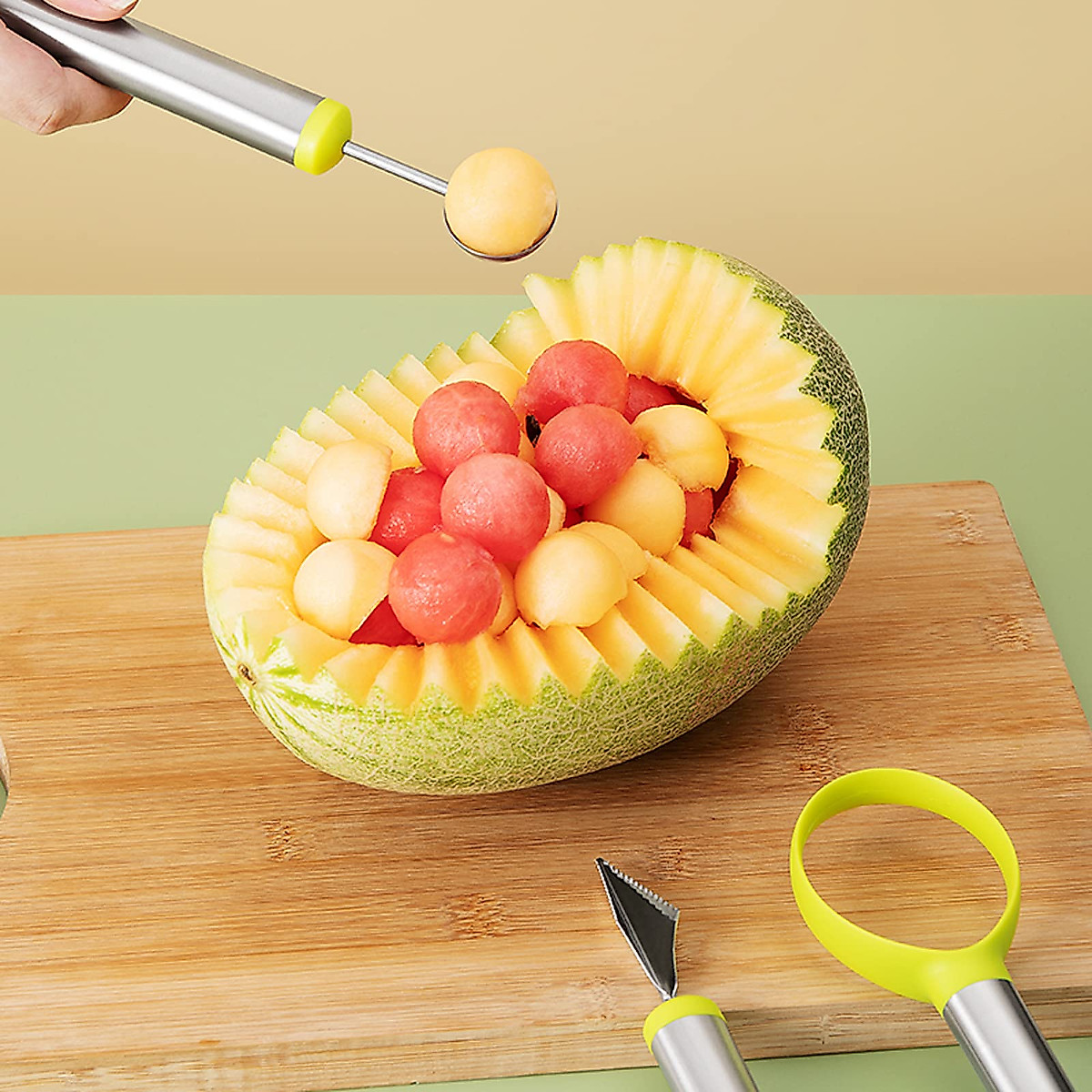 XIANGEN Fruit Carving Knife Set 3-in-1 Set for Home Use Fruit Cutting and Fruit Sacking Supplies Watermelon Digging Ball shaped triangular V-shaped fruit carving knife