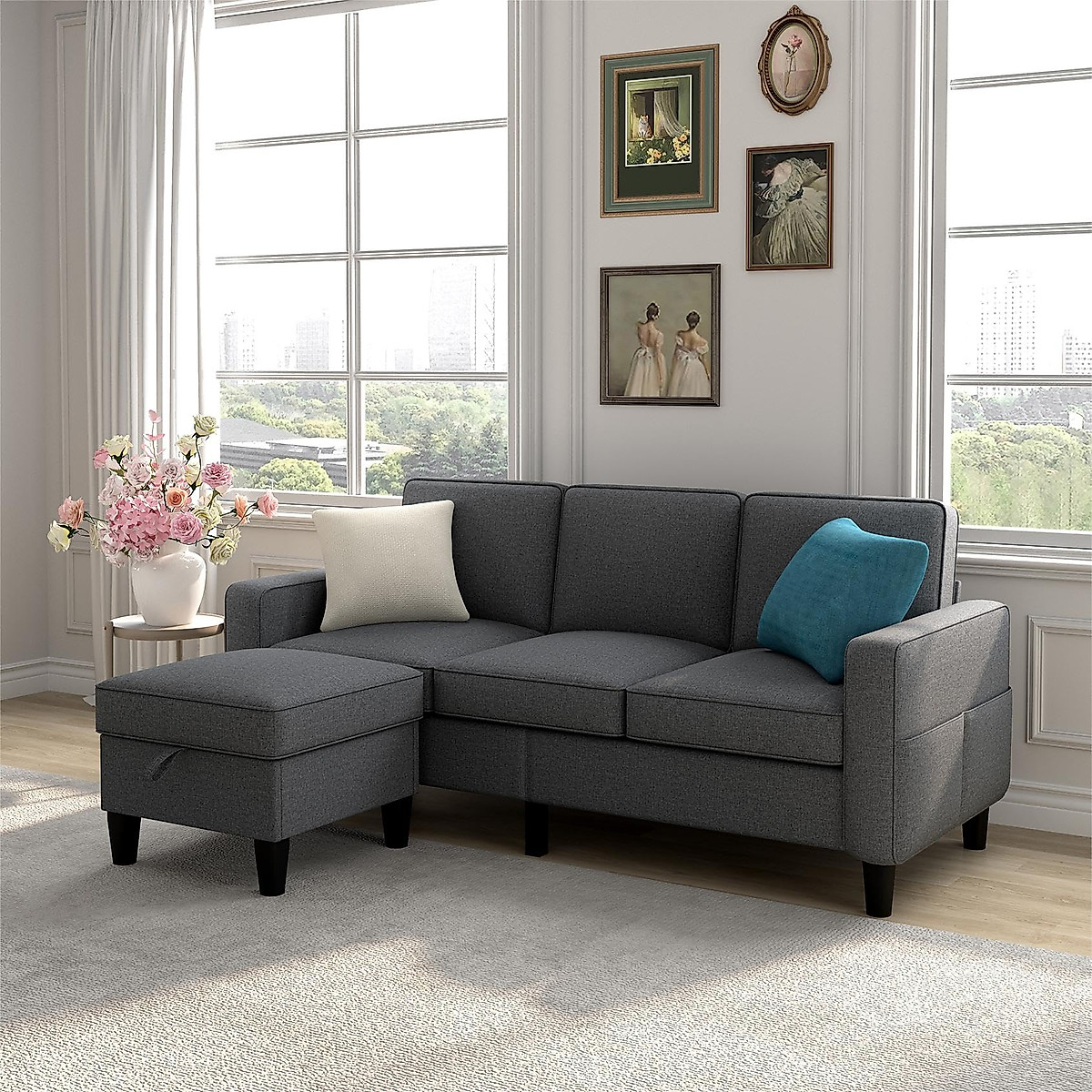 Yattem Convertible Sectional Sofa Couch, 3Seat L-Shaped Sectional Sofa Couch,Dark Gray Linen Sofa Furniture Sets with Reversible Storage Ottoman & Storage Pockets for Living Room Apartment Small Space