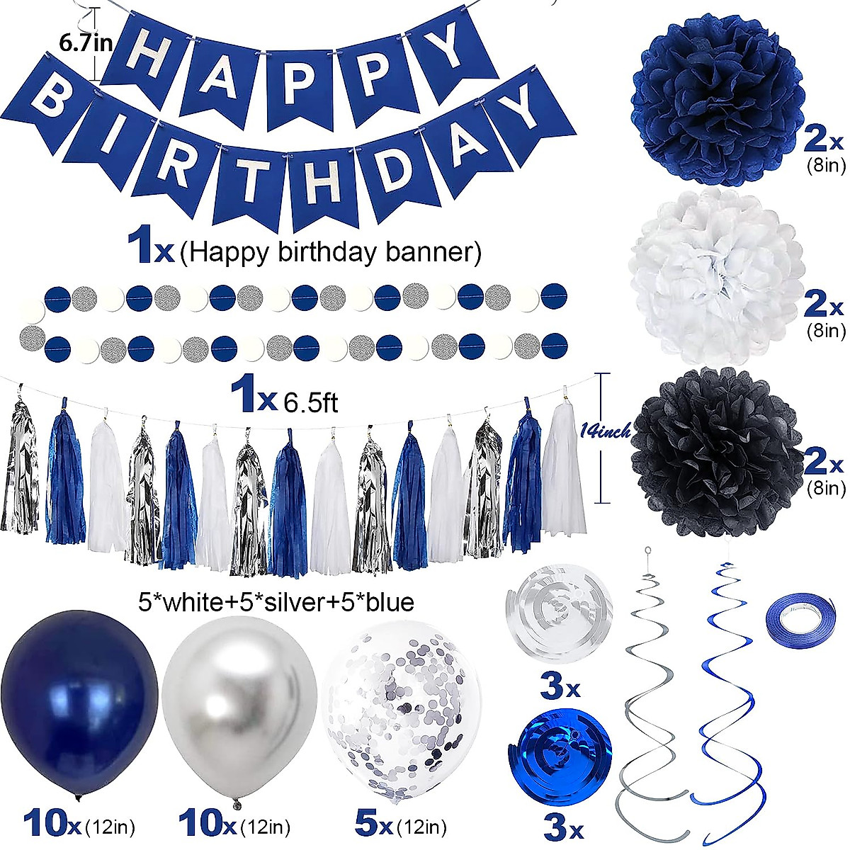 Birthday Decorations for Men,Blue Birthday Party Decorations for Boys with Happy Birthday Banner,Hanging Swirl,Circle Dots Garland,Tissue Pompoms,Tassels Garland for Birthday Party