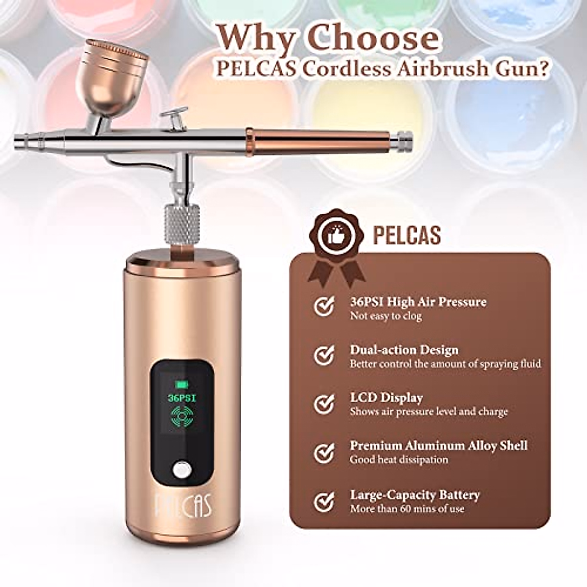 PELCAS Cordless Airbrush Kit with Compressor LCD Display, Rechargeable 36PSI Airbrush Gun, Handheld Airbrush Machine for Nails Art, Painting, Barber, Cake Decor, Cookie, Mode, Tattoo