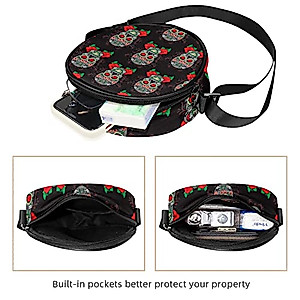 Sugar Skull Rose Crossbody Bag for Women Teen Girls Round Canvas Shoulder Bag Purse Tote Handbag Bag