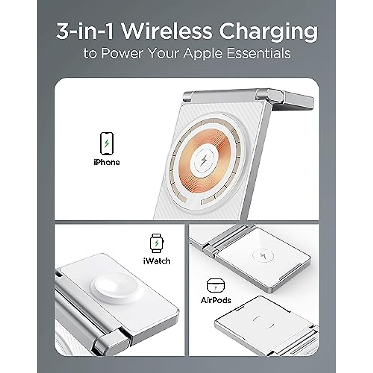 Magnetic Charging Station,Hohosb 3 in 1 Foldable Zinc Alloy Wireless Charger Stand[Compatible with Magsafe Charger] for iPhone 15/14/13/12 Series, AirPods Pro/3/2,Apple Watch/iWatch-White