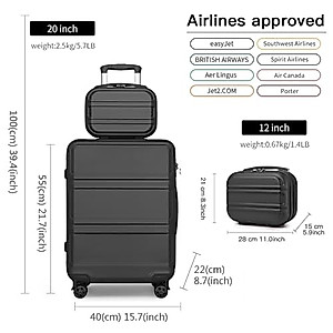 KONO 2 Piece Luggage Sets Lightweight, 20" Carry on Luggage and 12" Mini Cosmetic Cases Hardshell Suitcase Sets, Durable Hardside Suitcase with Spinner Wheels TSA Lock Black