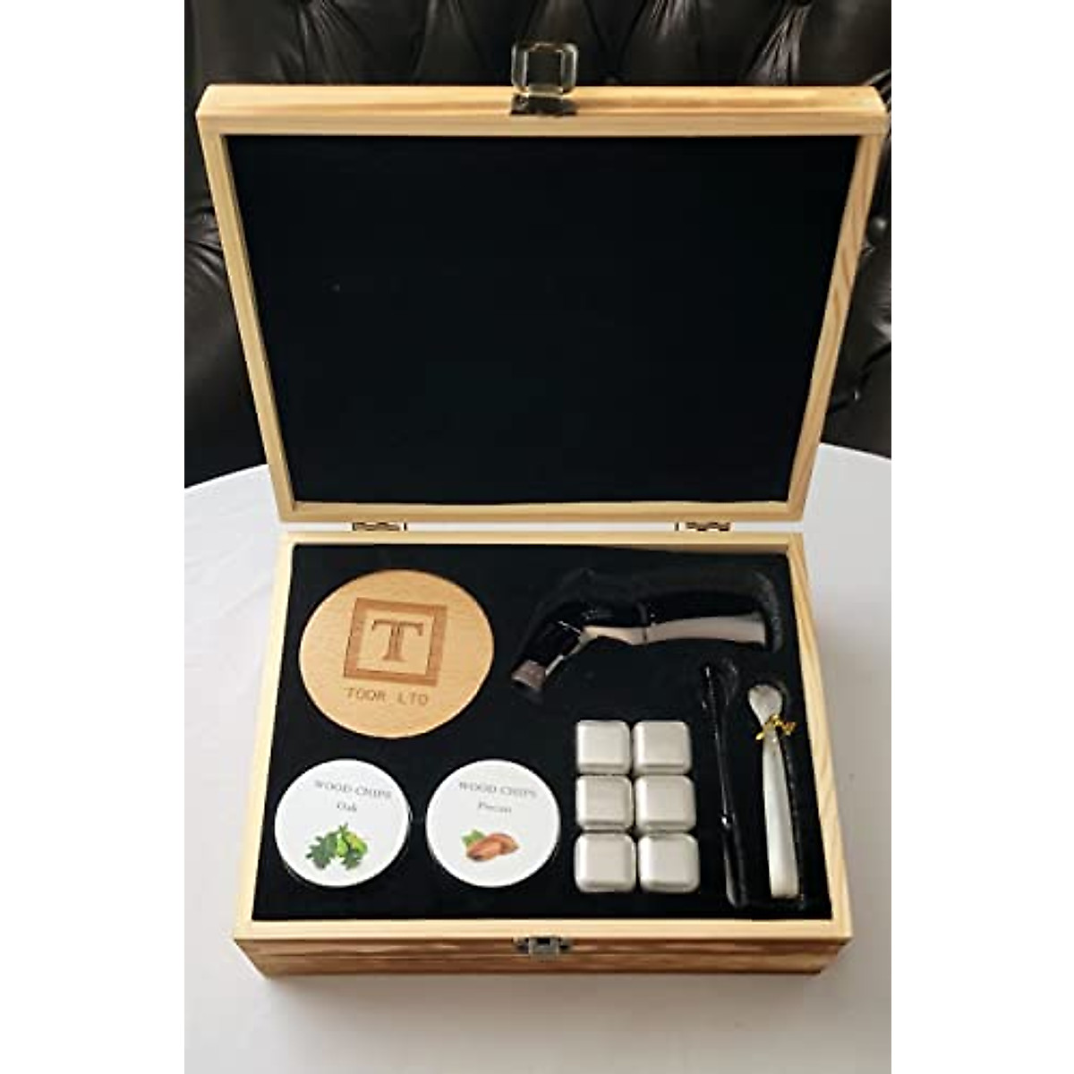 Cocktail Smoker Kit - Bourbon/Whiskey/Brandy Old Fashioned Smoker Kit with Torch, Four (4) Types of Natural Wood Chips, Stainless Ice Stones, and More - Gift for Men