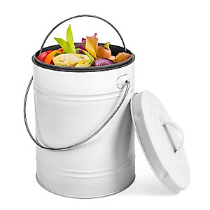 Kitchen Compost Bin with Airflow Lid, 1.3 Gallon Metal Countertop Compost Bucket, Indoor Composter, White