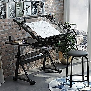 EESHHA Drawing Table Glass Drafting Table Art Desk, Height Adjustable Drawing Desk Art/Craft Desk Paintings Work Station W/ 2 Storage Drawers and Stool for Craft Station Studio Home Office School