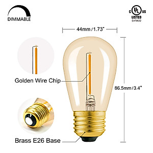 Hizashi 25 Pack S14 String Light Bulbs Replacement, Amber 2200K 11W S14 LED Bulbs for Outdoor String Lights, 1W Dimmable Shatterproof Waterproof, E26 Base Ediosn Bulbs, UL Listed
