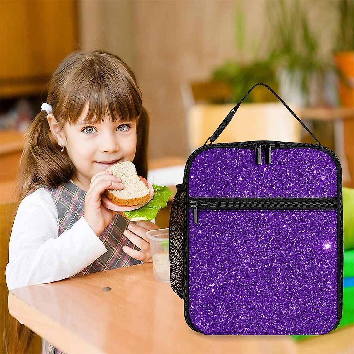 Insulated Lunch Bag Purple Glitter School Lunch Box for 6+ Years Old Boys Girls Bling Thermal Reusable Work Lunch Cooler for Men Women Office