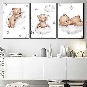 Tedy Bear Wall Decor, Tedy Bear Sleeping on The Moon and Stars Wall Stickers Cartoon Cute Tedy Bear Decals Extra Stars Wall Decor for Kids Baby Room Interior Nursery Tedy Bear Decoration