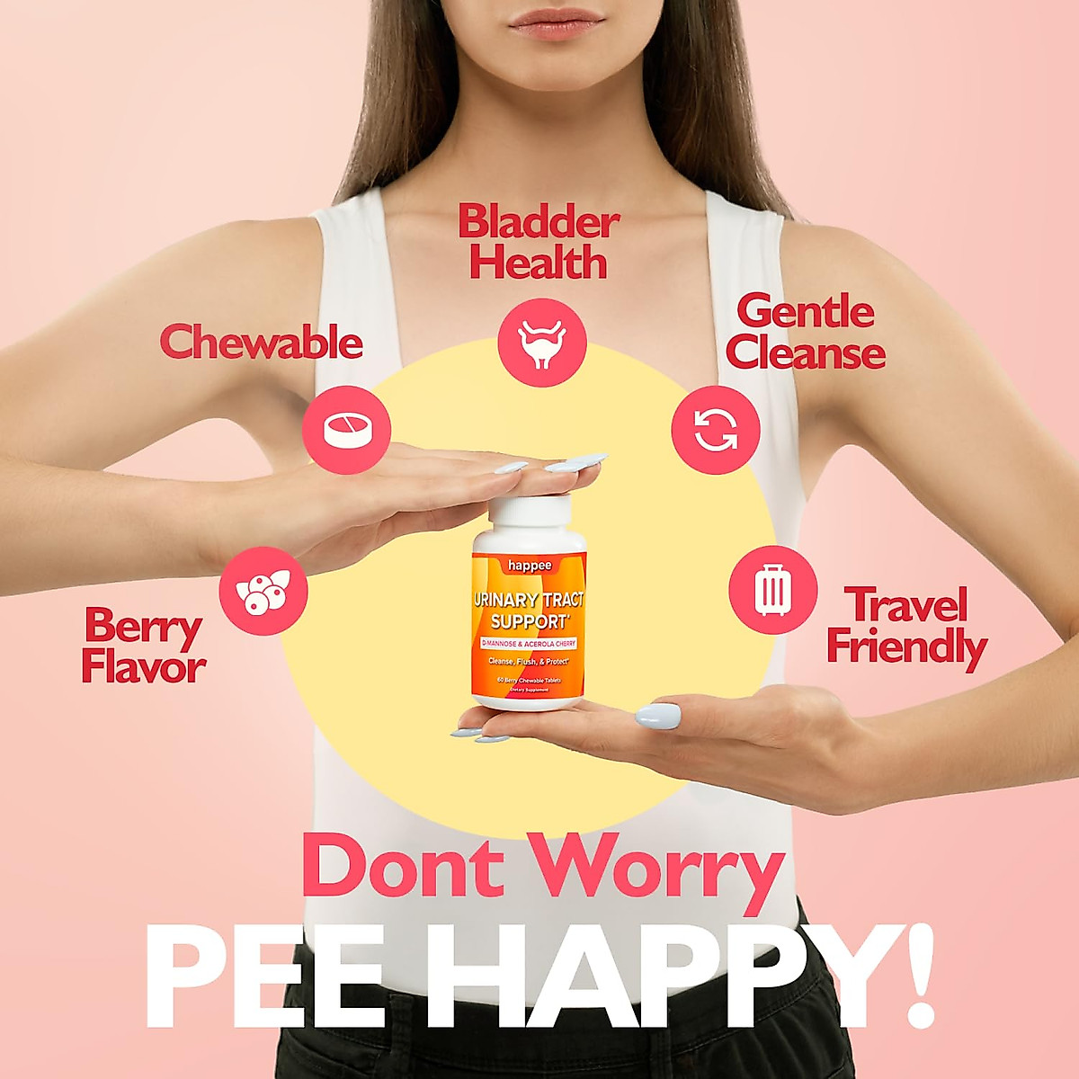 Happee Urinary Tract Health Supplement for Women & Men – Fast-Acting UTI Relief and Prevention, 500mg D-Mannose & Antioxidants, Supports Kidney and Bladder Health, Berry Flavor, 60 Chewables