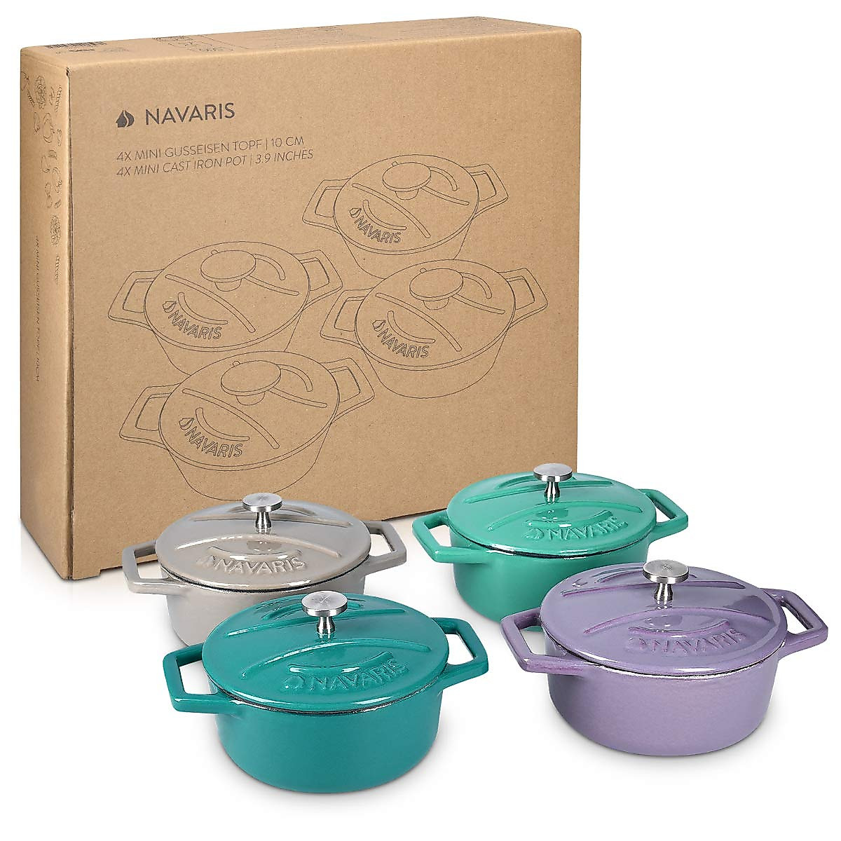 Navaris Cast Iron Round Cocottes (Set of 4) - 4.1" Mini Cocotte Dutch Oven Dishes with Enamel Coat, 9.8 oz - Teal/Violet/Green/Grey