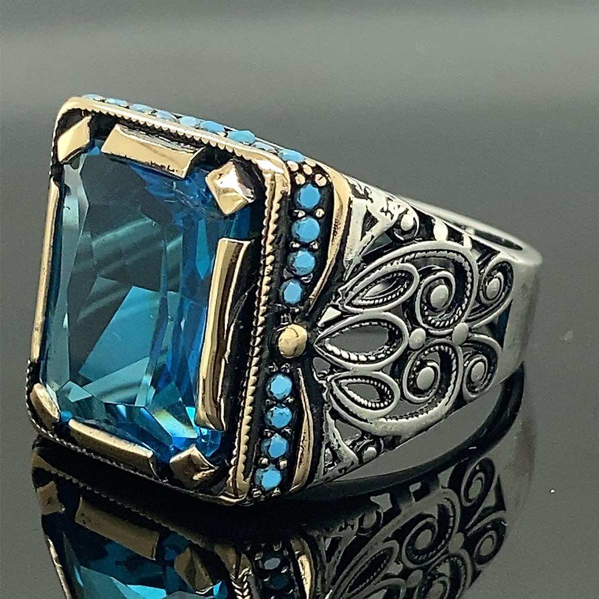 Men Aquamarine Stone Ring, Blue Stone Ring, Vintage Men Ring, Turkısh Ottoman Men Ring, 925k Sterling Silver Ring,