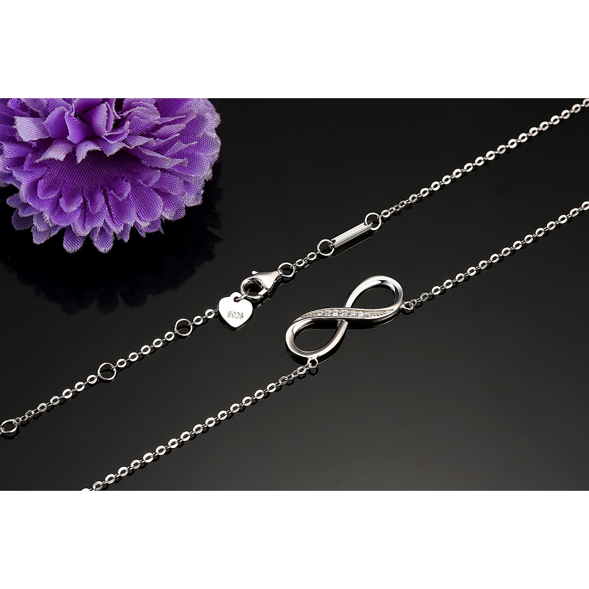 PUPILLEMON Infinity Pendant Necklace for Women, 925 Sterling Silver Love Heart Necklace Fine Jewelry White Gold Plated