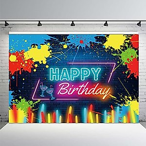 MEHOFOND Birthday Neon Glow Backdrop in The Dark Birthday Party Decorations Colorful Painting Graffiti Glow Brick 80s 90s Retro Disco Happy Bday Photography Background Photo Studio Decor 7x5ft