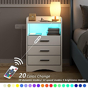 Halitaa White Night Stand with Charging Station, Side Tables with USB Ports & Outlets, End Table with 3 Drawers,LED Night Stand with Storage for Living Room/Bedroom