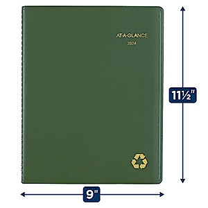AT-A-GLANCE 2024 Weekly & Monthly Planner, Quarter-Hourly Appointment Book, 8-1/4" x 11", Large, Recycled, Monthly Tabs, Green (70950G6024)