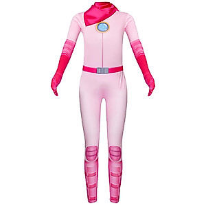 Princess Peach Costume for Girls, Super Brothers Princess Peach Cosplay Costume Jumpsuit with Accessories for Halloween (110(5-6Years))