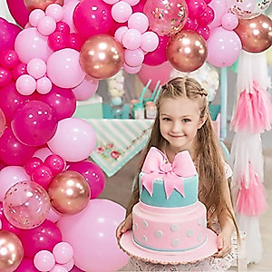 KAWKALSH 142Pcs Pink Balloon Garland Arch Kit, Hot Pink Rose Gold Metallic Confetti Balloons for Women Birthday Princess Theme Bridal Baby Shower Wedding Party Background Decorations