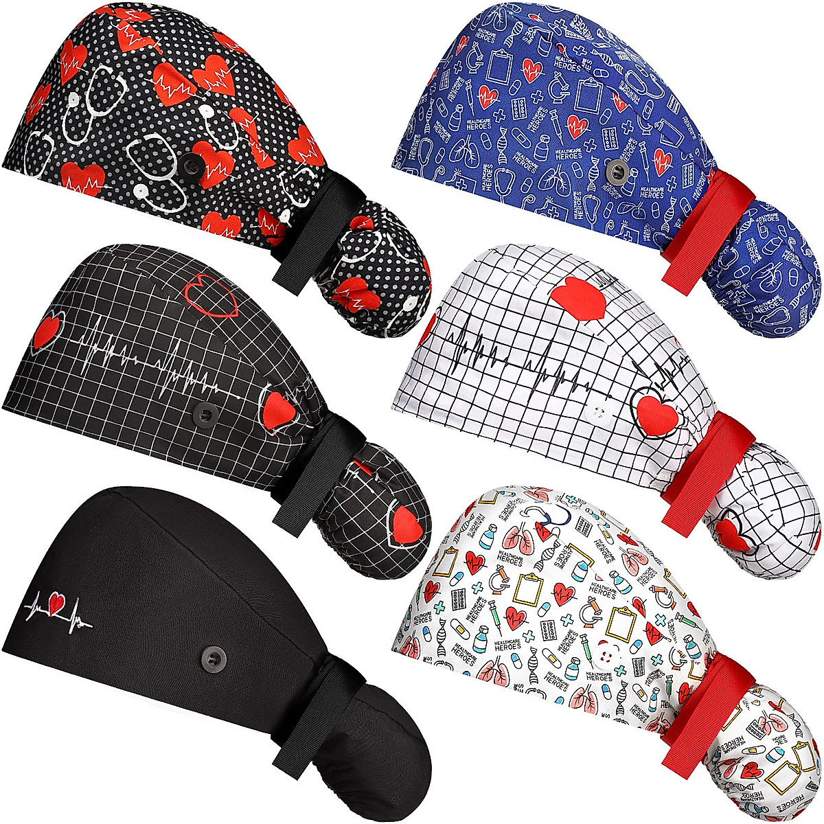 6 Pieces Adjustable Bouffant Cap with Button Women Long Hair Ponytail Hat (Hospital Pattern)