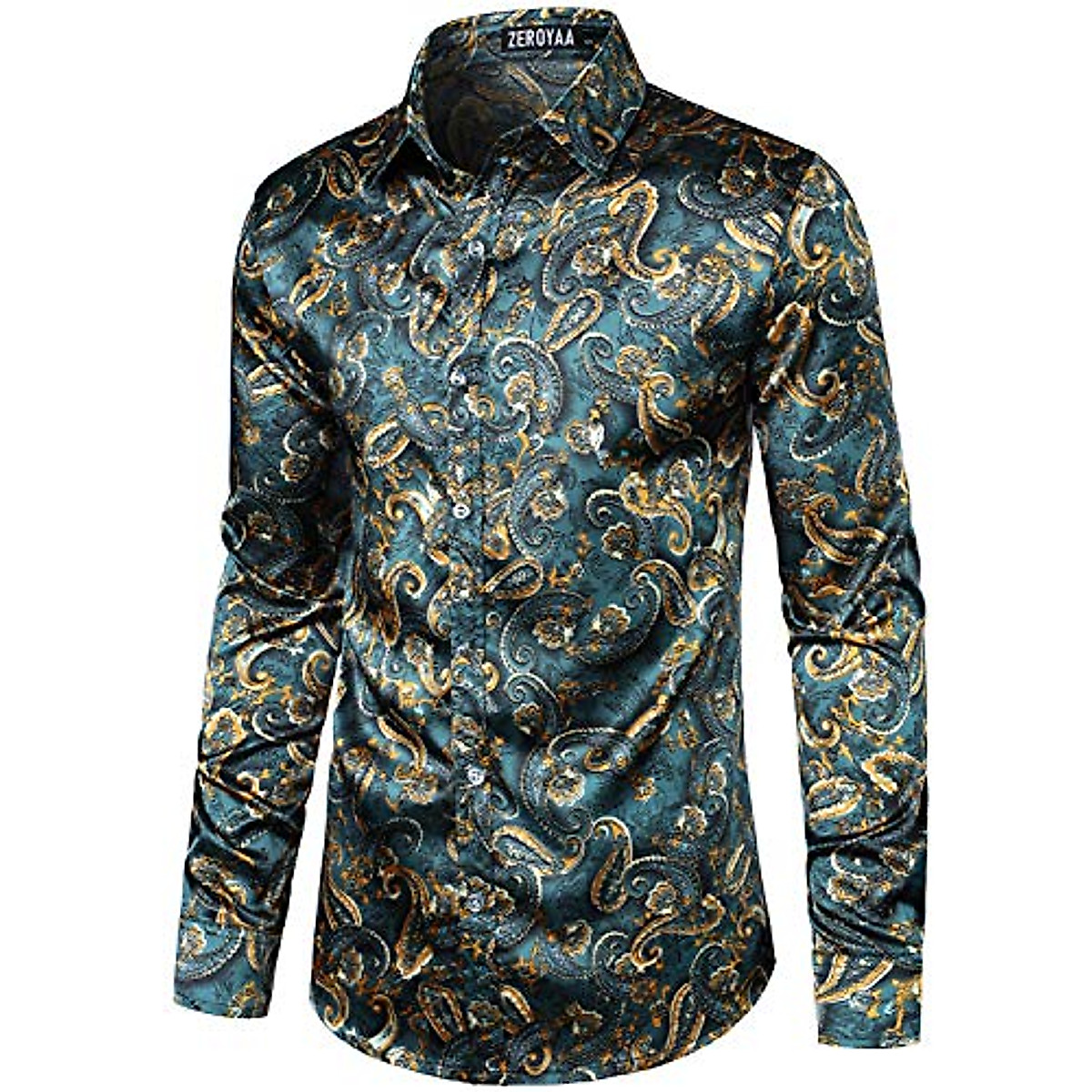 ZEROYAA Men's Hipster Design Silk Like Satin Button Up Paisley Dress Shirt for Party Prom ZLCL31-101-Teal Medium