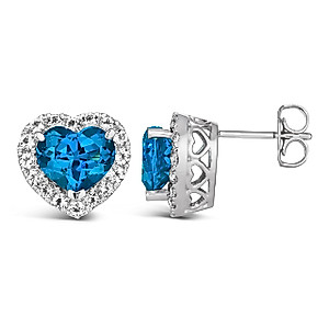 LE VIAN 3 2/3 Carat Blue and White Topaz Heart Halo Stud Earrings for Women in 14k White Gold with Push Back