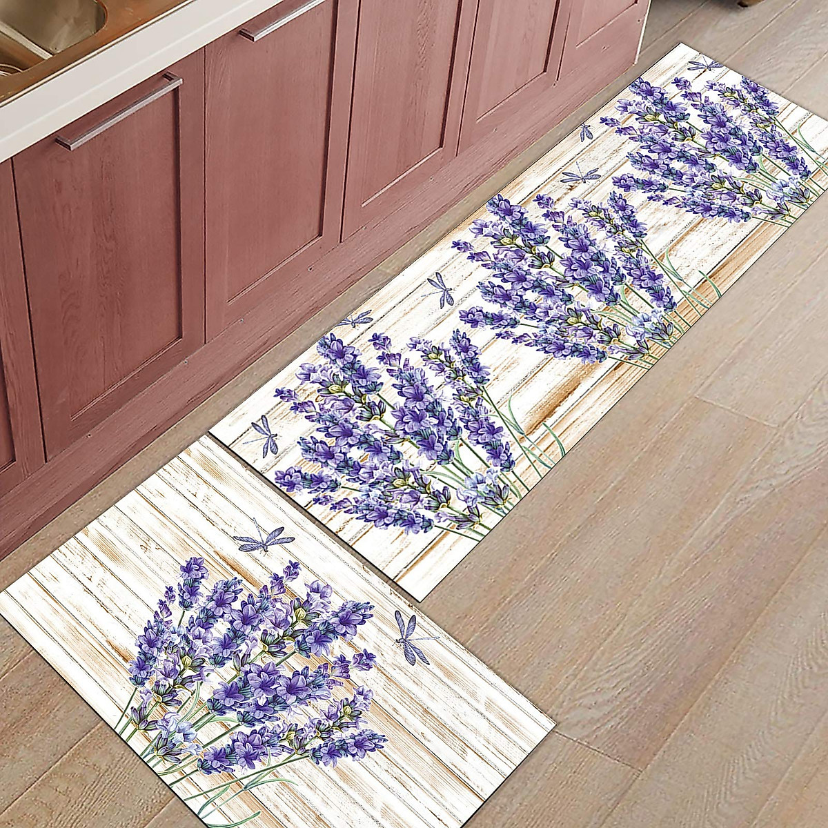 2 Pcs Kitchen Mats Runner Rug Set Anti Fatigue Standing Mat Rubber Backing Purple Lavender Dragonfly Print Washable Floor Mat Area Rug for Home/Office 19.7"x31.5"+19.7"x63"