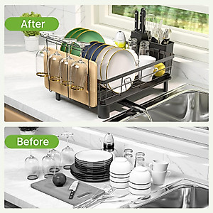 Dish Drying Rack - Stainless Steel Dish Rack for Kitchen Counter, Dish Drainer with Utensil Holder, Space-Saving, Rust-Resistant Dish Rack for Dishes, Glasses, and Cutting Board, 12''W x 15''L, Black