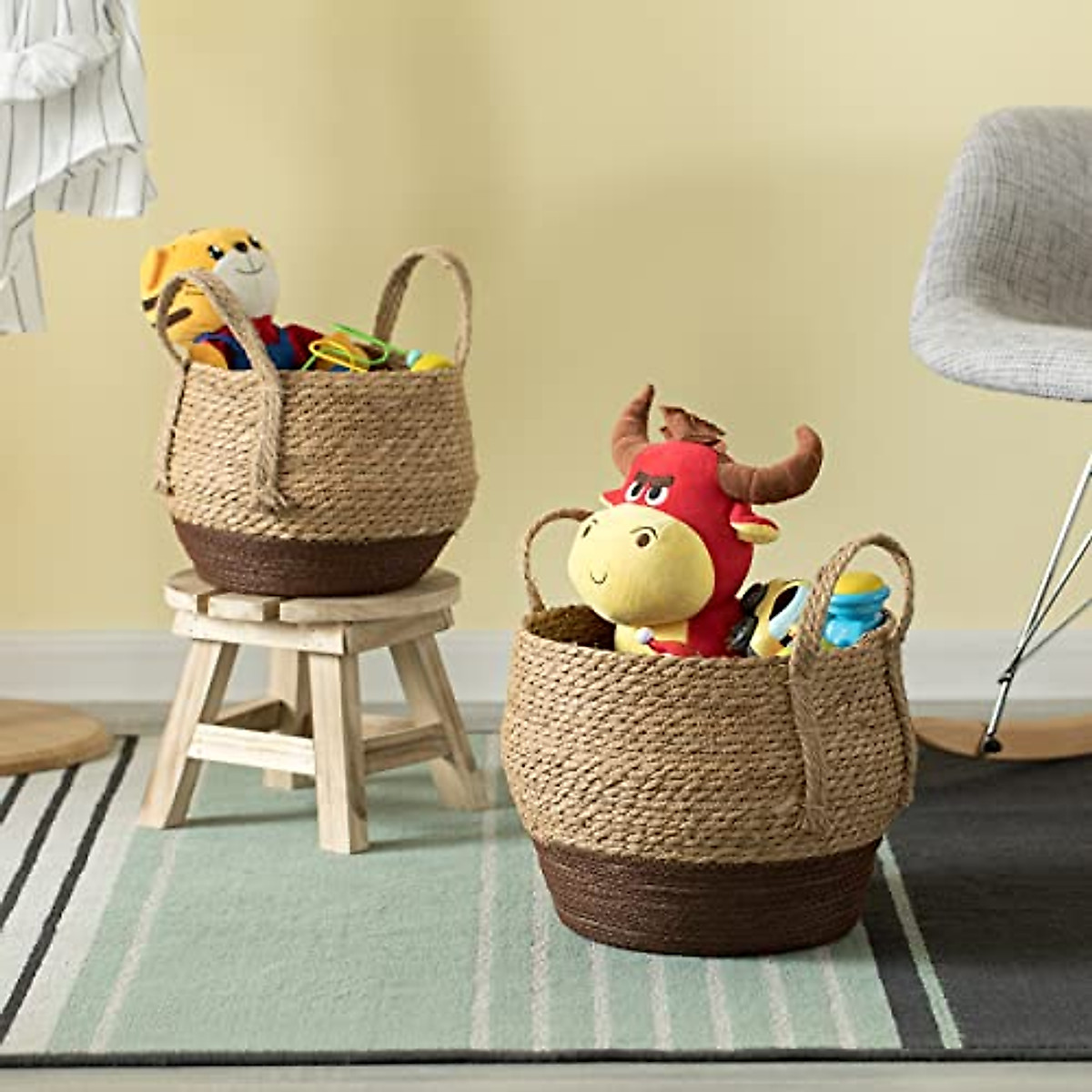 Straw Decorative Round Storage Basket Set of 2 with Woven Handles for the Playroom, Bedroom, and Living Room
