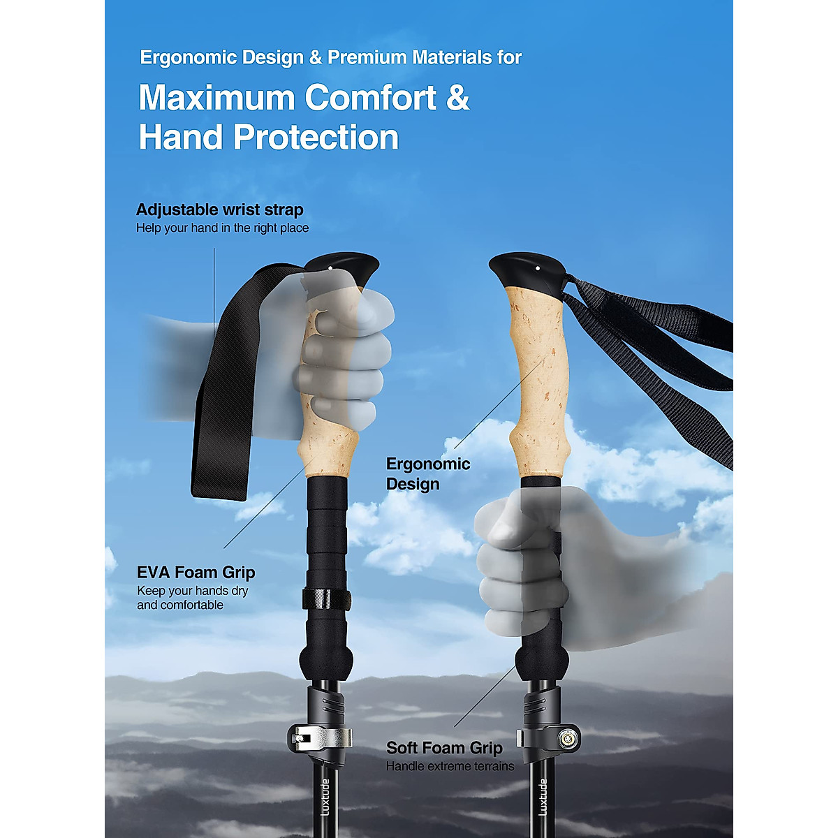 Luxtude Trekking Poles Hiking Poles, Collapsible Folding Hiking Sticks, Ultra Lightweight Aluminum 7075 Walking Sticks for Women and Men, Adjustable Hiking Stick with Aluminum Flip-Lock (2 Pack)