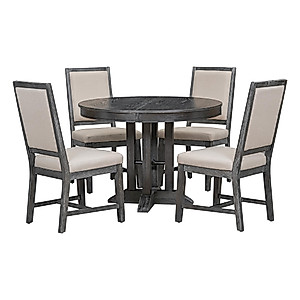Dinehome 5-Piece Farmhouse Wood Round Extendable Dining Table Set with 4 Upholstered Chairs for Home Kitchen, Black