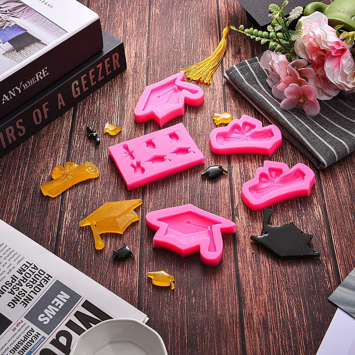 5 Pieces 2024 Graduation Silicone Mold Set Graduation Kitchen Baking Mold Chocolate Candy Fondant Mold Grad Cap Diploma Scroll Chocolate Silicone Mold for Grad Party Cake Cupcake Topper Decoration