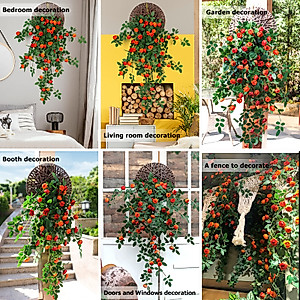 RIDDSEE Artificial Hanging Flowers Rose with Basket - Fake Silk Floral Hanging Ivy Greenery Faux Flower Long Vines for Wall Home Room Garden Wedding Indoor Outdoor Decoration (Orange)