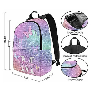 InterestPrint Customized Girls Bookbag with Lunch Bag, Personalized Glitter Butterfly Knapsack Backpack Custom Name Backpack and Lunch Box for Granddaughter Niece