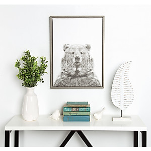 Kate and Laurel Sylvie Bear Animal Print Black and White Portrait Framed Canvas Wall Art by Simon Te Tai, 18x24 Gray